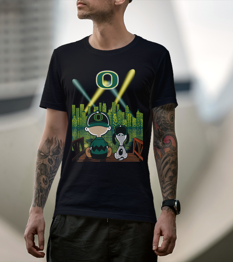 Oregon Ducks Nighttime Cityscape With Cartoon Characters And Stadium Lights T-Shirt