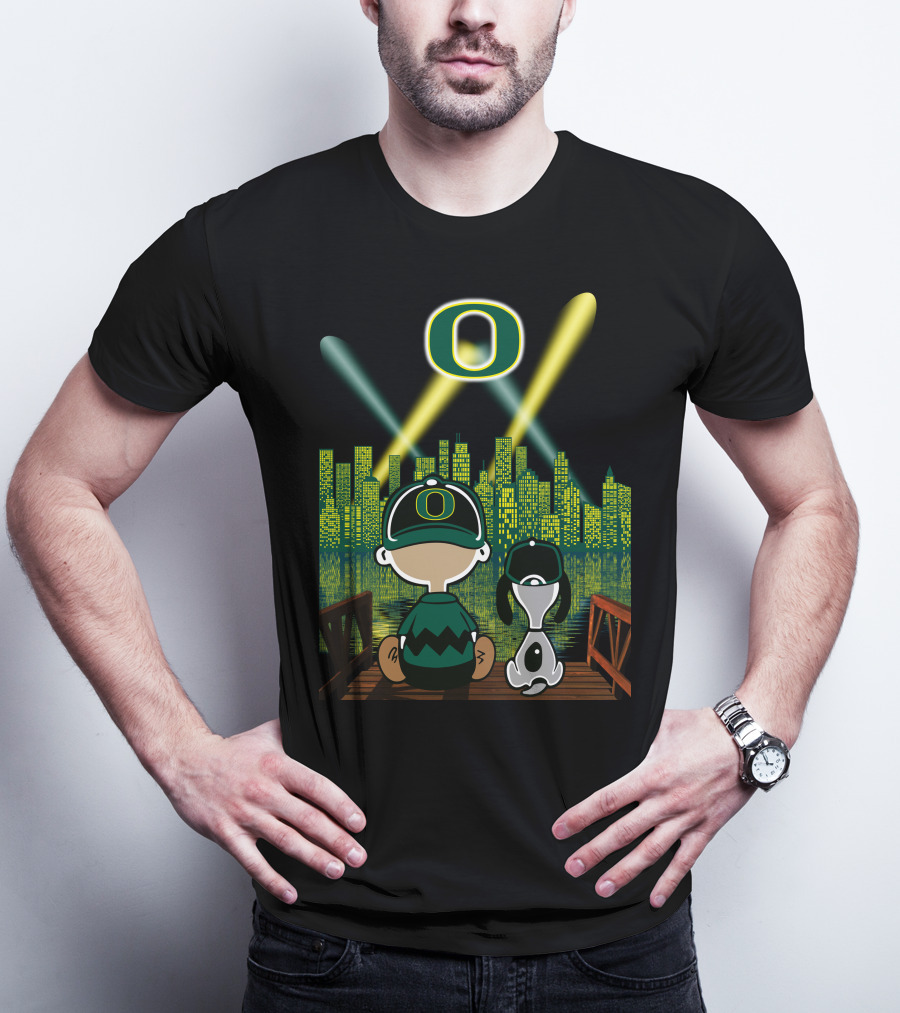 Oregon Ducks Nighttime Cityscape With Cartoon Characters And Stadium Lights T-Shirt