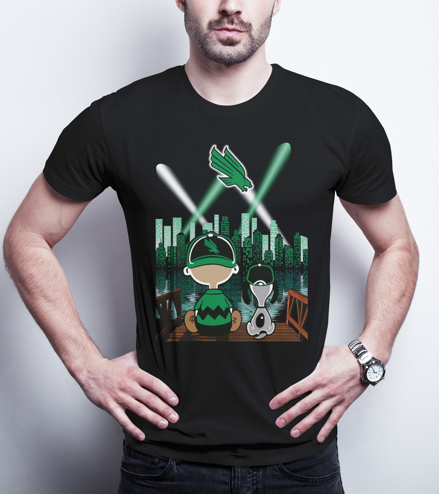 North Texas Mean Green City By Night Skyline With Cartoon Characters And Flying Bird T-Shirt
