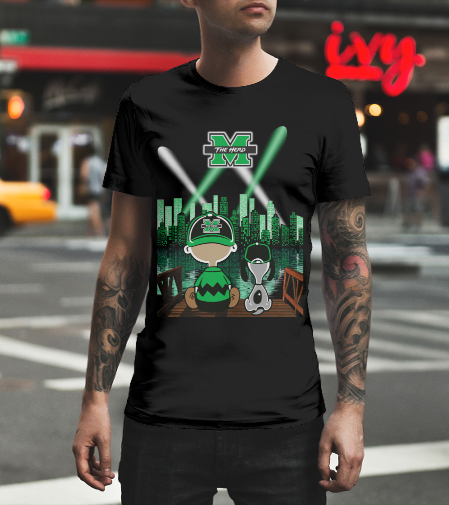 Marshall Thundering Herd Night Cityscape With Mascot And Dog On Bridge T-Shirt