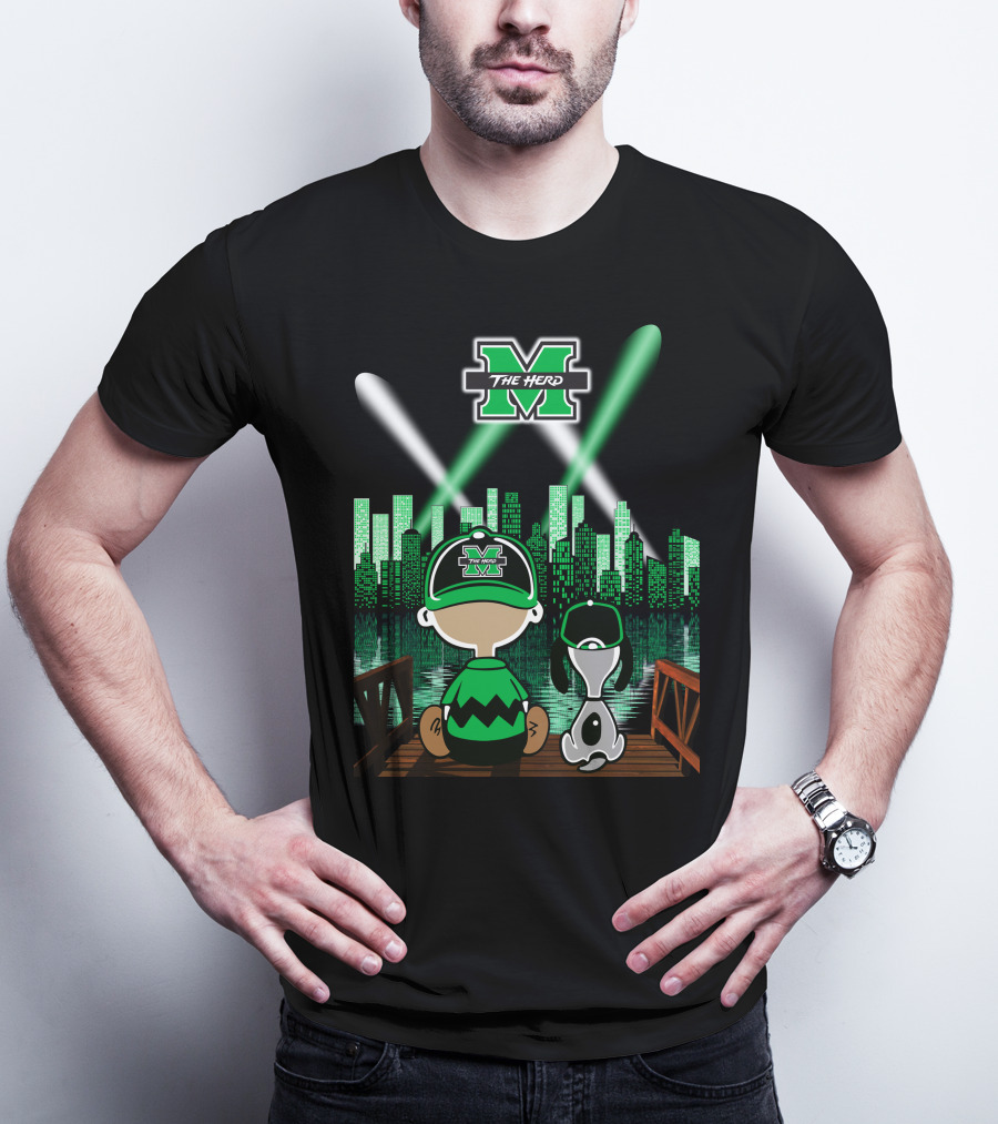 Marshall Thundering Herd Night Cityscape With Mascot And Dog On Bridge T-Shirt