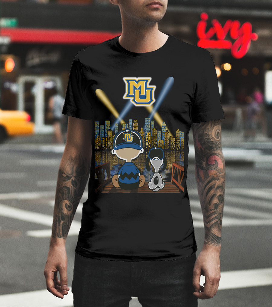 Mu Marquette Golden Eagles Cityscape Night Skyline With Baseball Cap Duo T-Shirt
