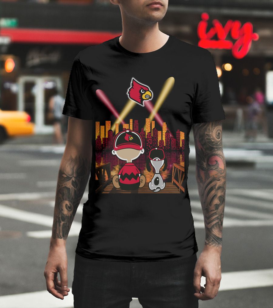 Louisville Cardinals City Lights With Characters Looking At Skyline T-Shirt