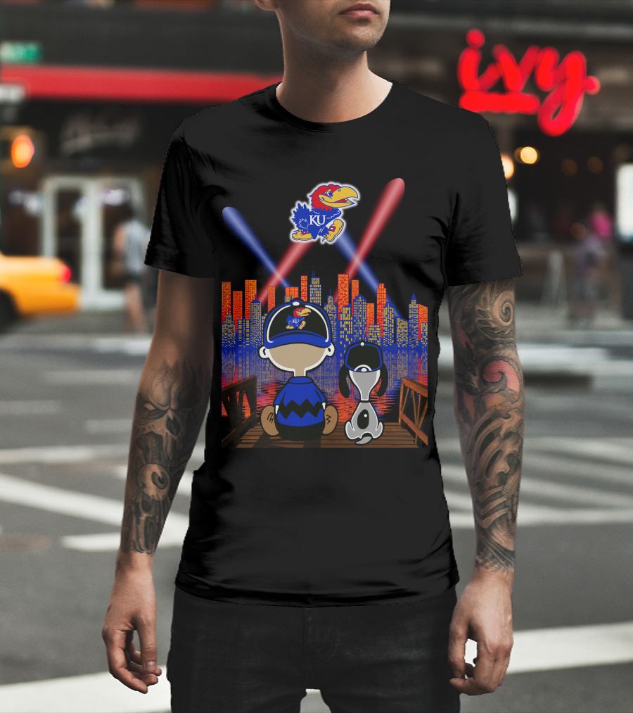 Kansas Jayhawks City Skyline Night Reflections With Mascot And Dog T-Shirt