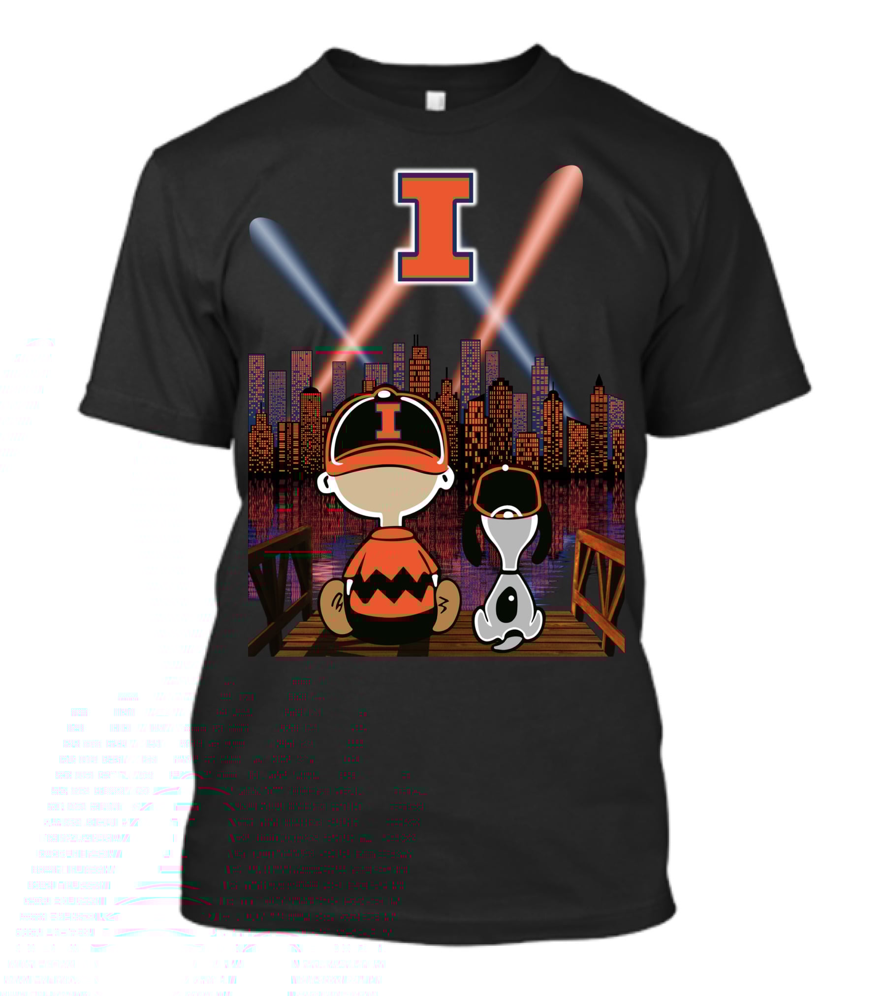 Illinois Fighting Illini Cityscape Nighttime Scene With Iconic Characters And Letter I T-Shirt
