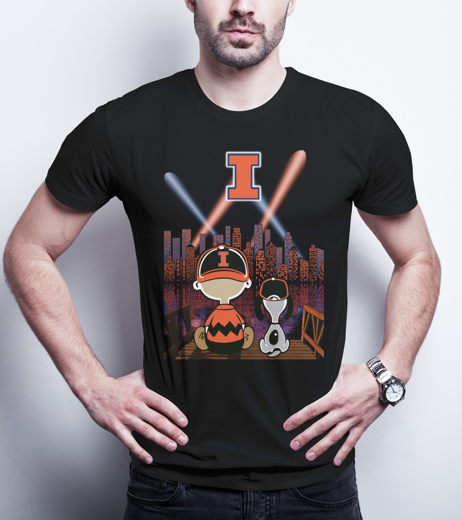 Illinois Fighting Illini Cityscape Nighttime Scene With Iconic Characters And Letter I T-Shirt