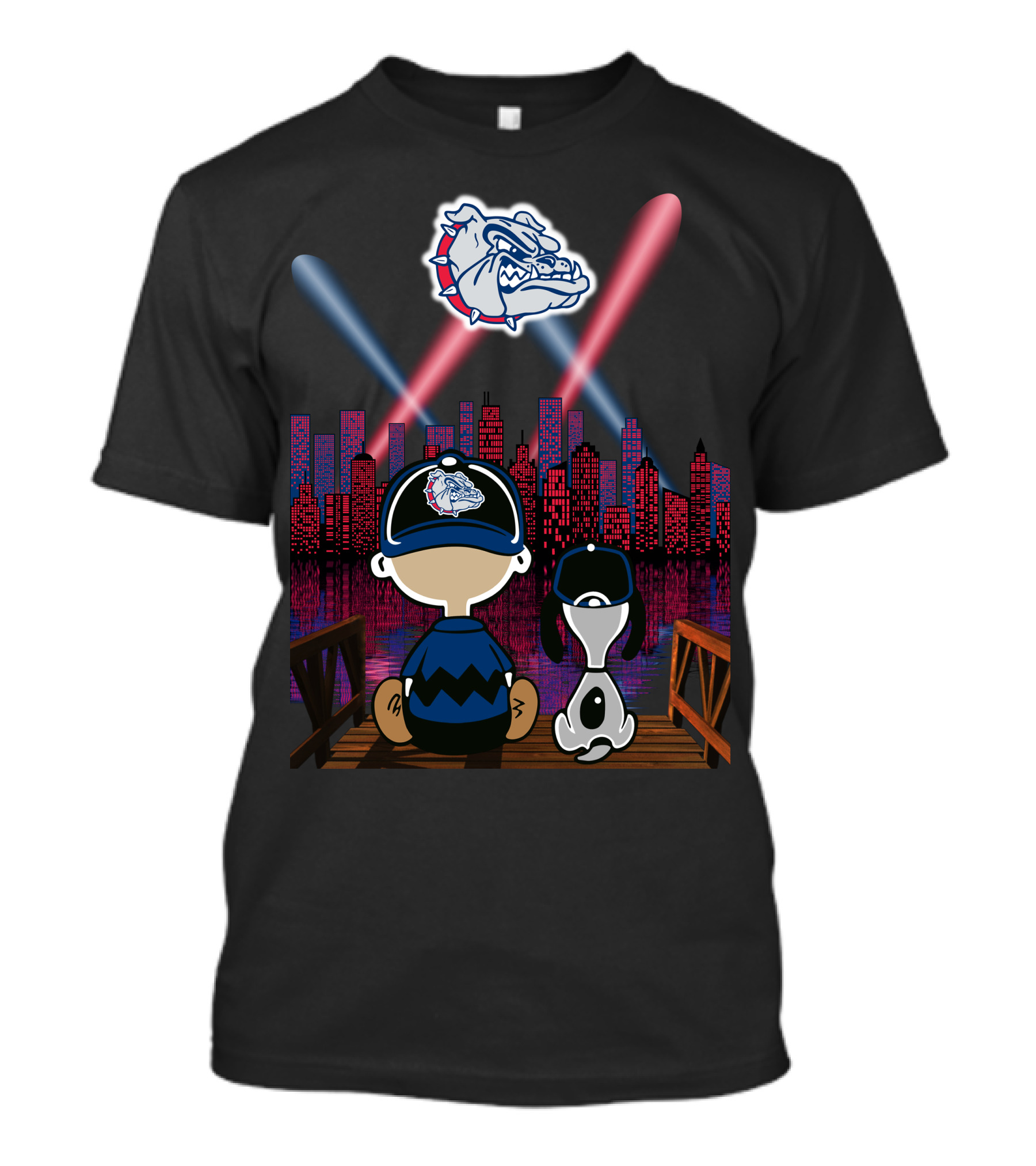Gonzaga Bulldogs Night Cityscape With Skyline And Cartoon Characters T-Shirt