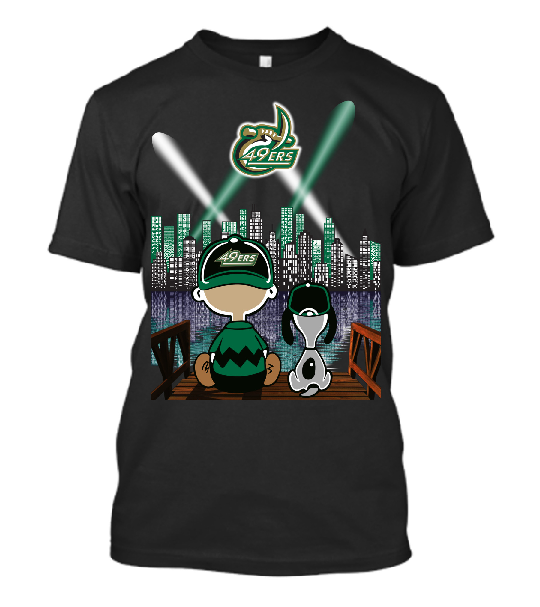 Charlotte 49ers City By Night Lights With Skyline And Characters T-Shirt