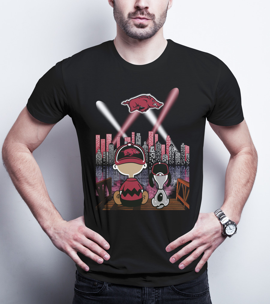 Arkansas Razorbacks '94 Skyline Night Scene With Cartoon Characters And Spotlights T-Shirt