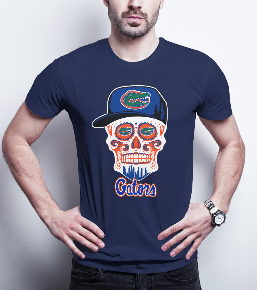 Florida Gators Skull With Alligator Logo And Hat Blue Orange T-Shirt