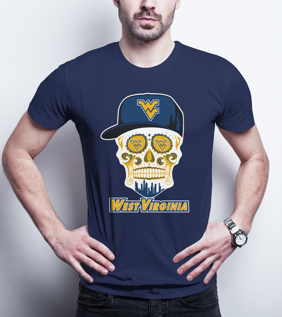 West Virginia Mountaineers Skull Design With Wv Cap And Skyline T-Shirt