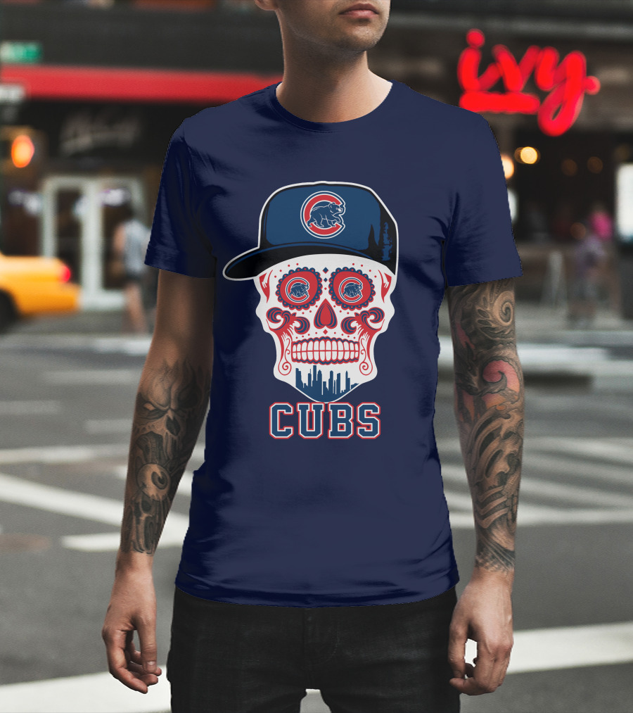 Chicago Cubs Skull With Cap Cityscape Fun T-Shirt