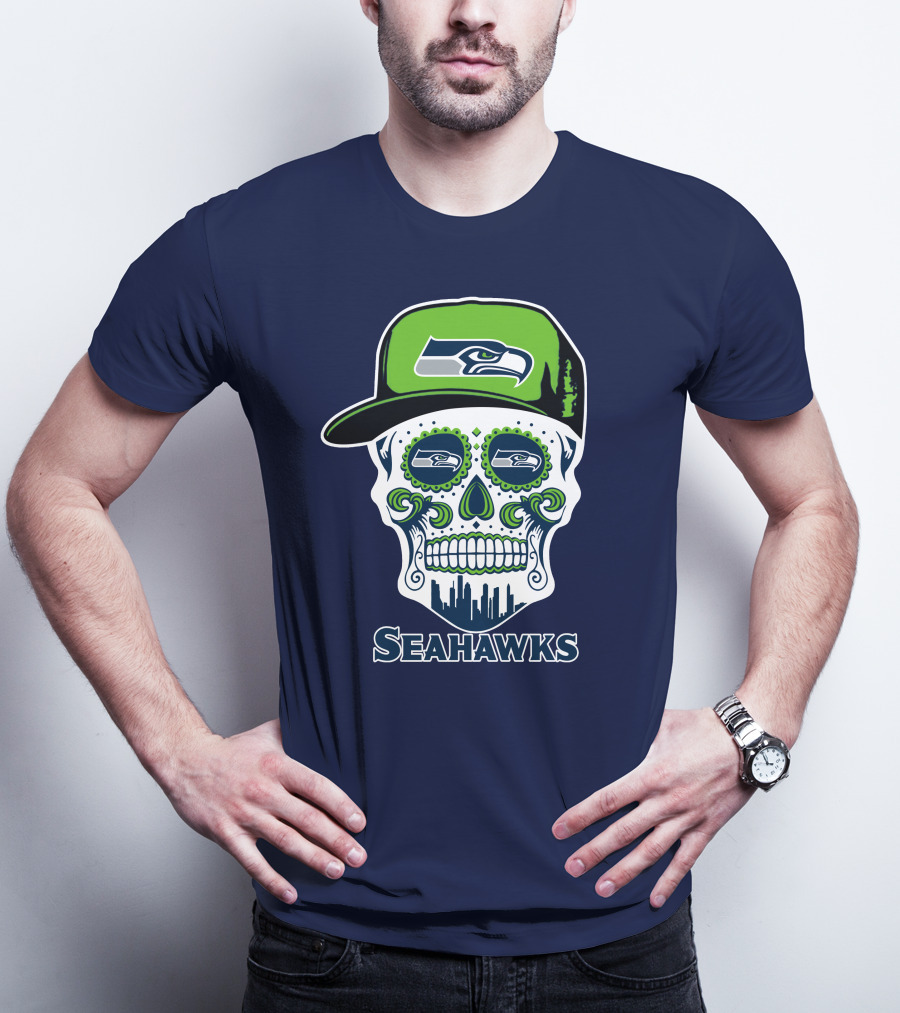 Seattle Seahawks Skull Art With Team Logo And Skyline T-Shirt