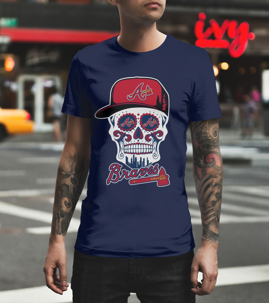 Atlanta Braves Skull With Baseball Cap And Tomahawk T-Shirt