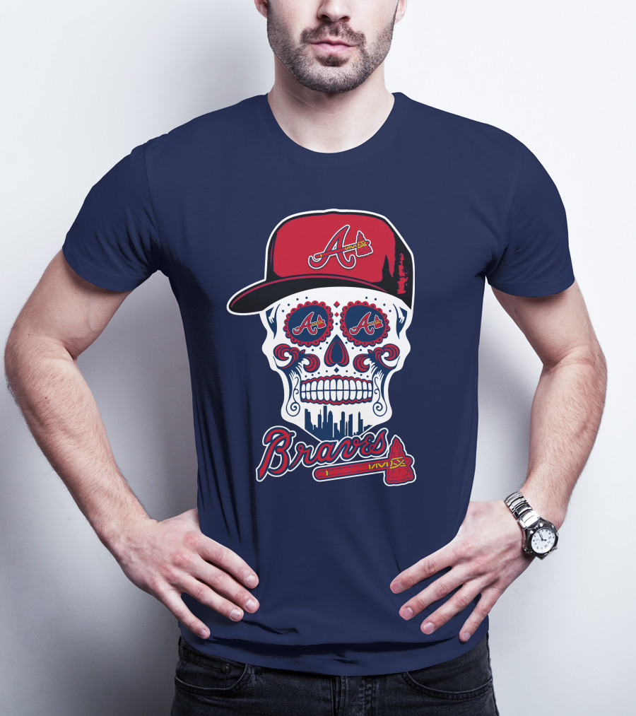 Atlanta Braves Skull With Baseball Cap And Tomahawk T-Shirt