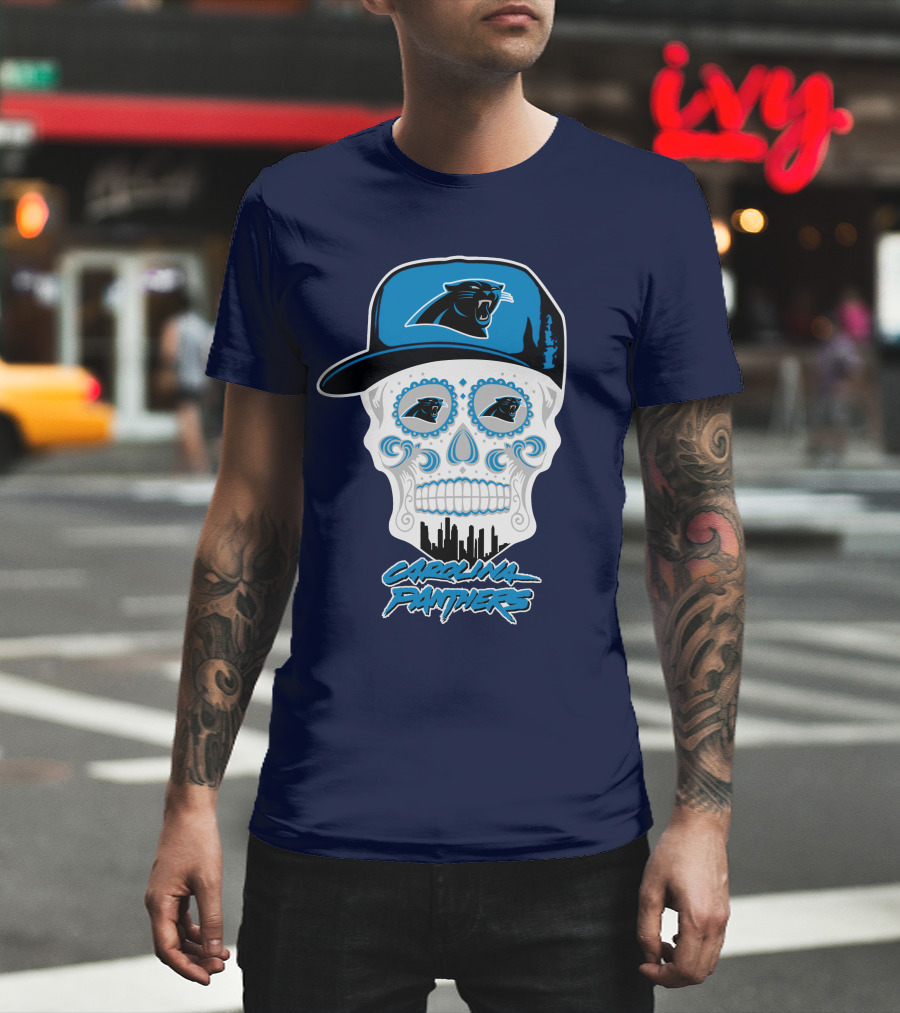 Carolina Panthers Skull Design With Panther Eyes And Cap T-Shirt