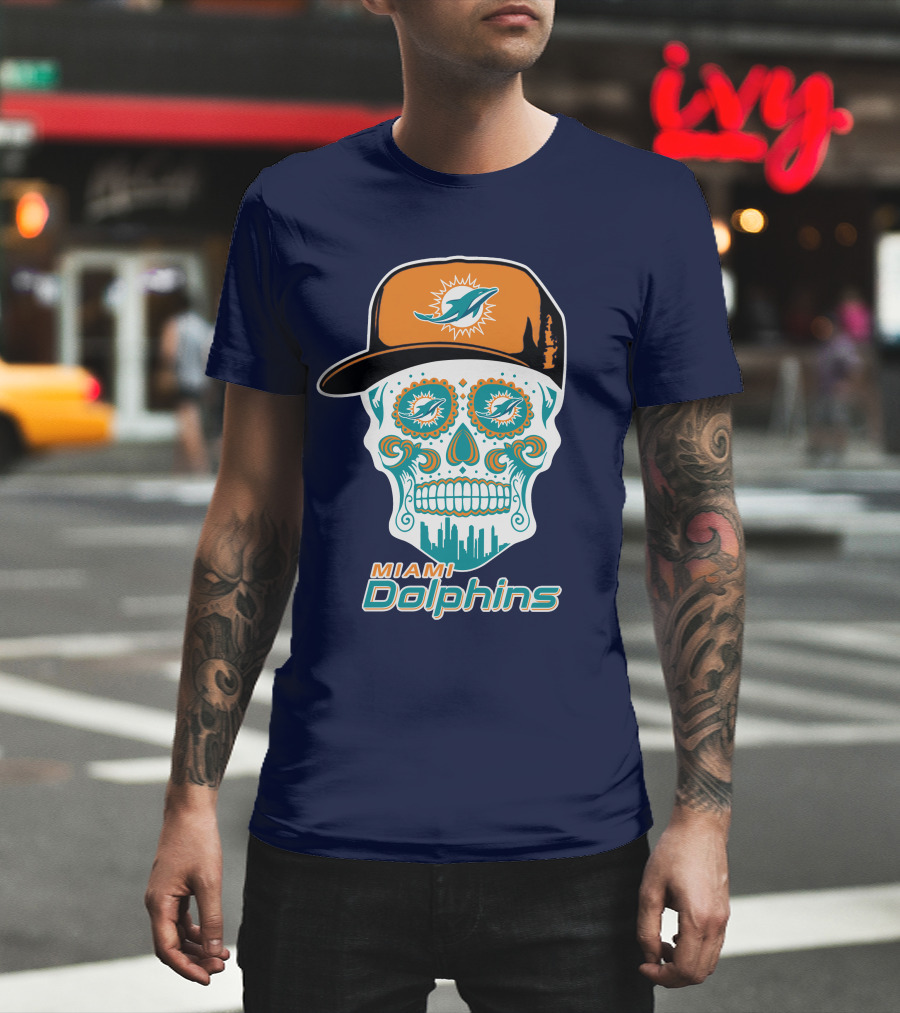 Miami Dolphins Sugar Skull Cap Art T-Shirt