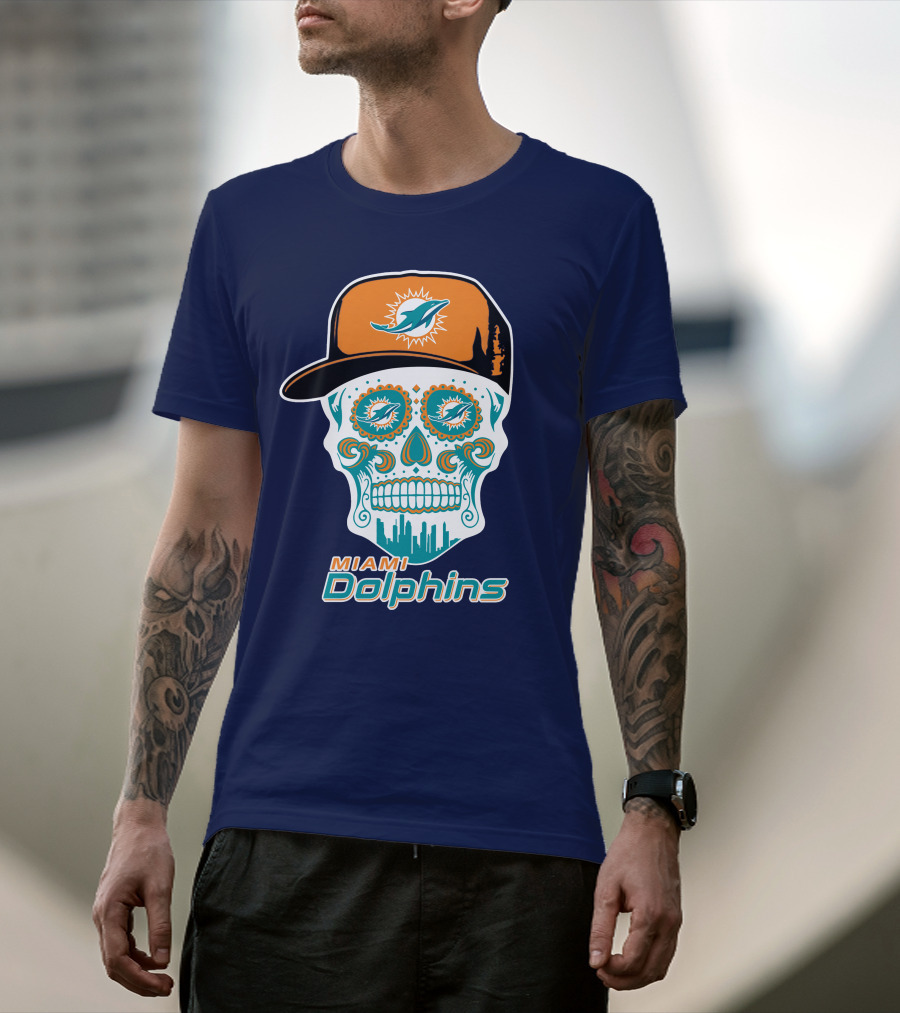 Miami Dolphins Sugar Skull Cap Art T-Shirt