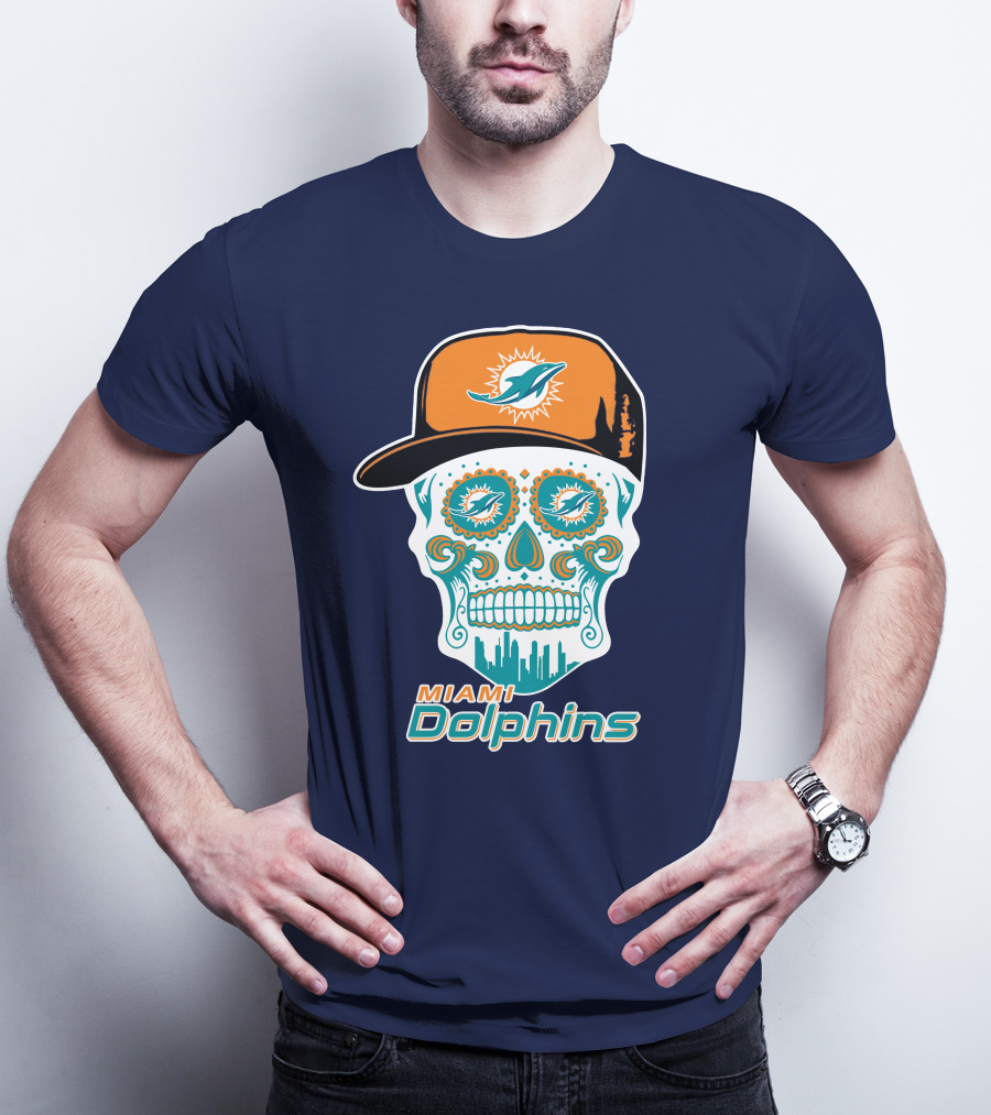 Miami Dolphins Sugar Skull Cap Art T-Shirt