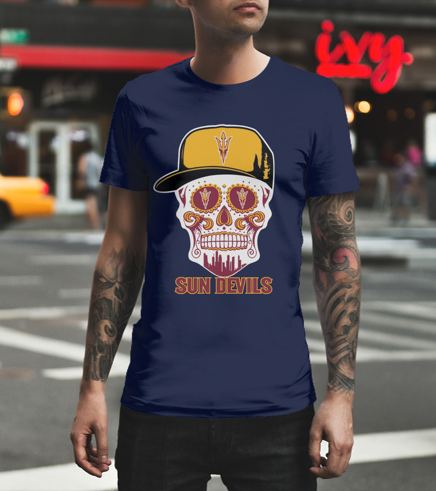 Sun Devils Sugar Skull With Arizona State Emblem Baseball Cap T-Shirt