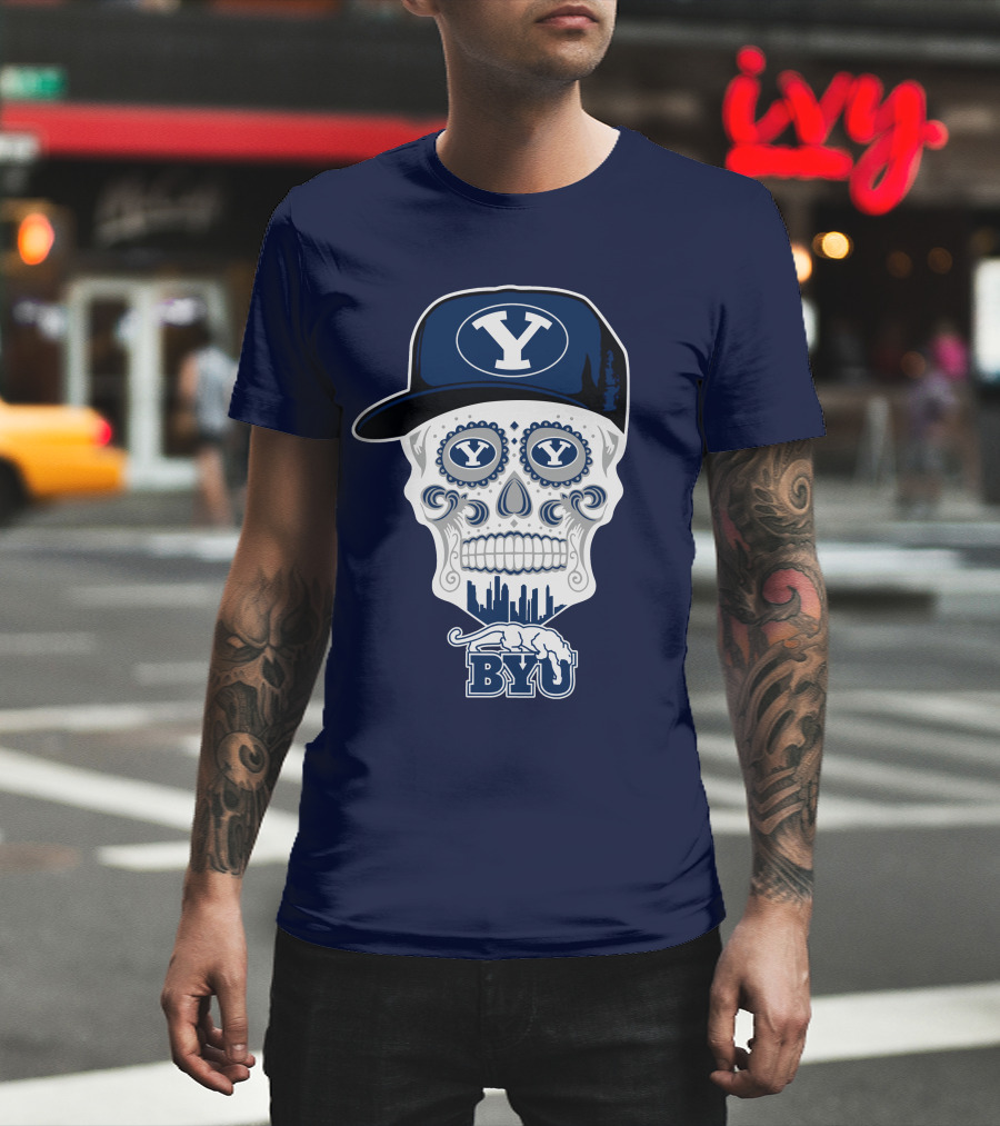 Byu Cougars Skull With Y Hat And Cityscape T-Shirt