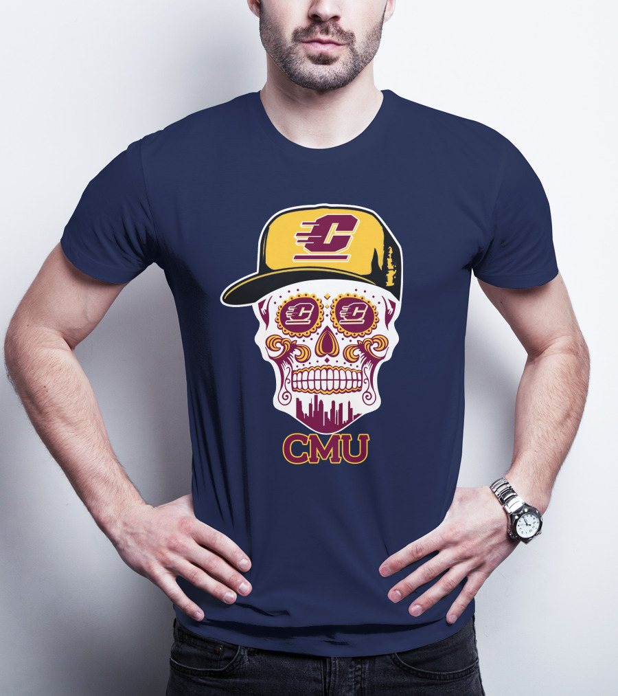Cmu Central Michigan Chippewas Skull Logo With Cap And City Skyline T-Shirt