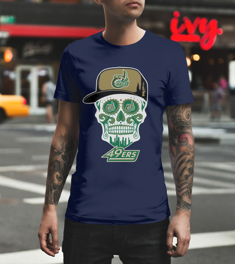 Charlotte 49ers Sugar Skull Green And Gold Logo With Hat T-Shirt