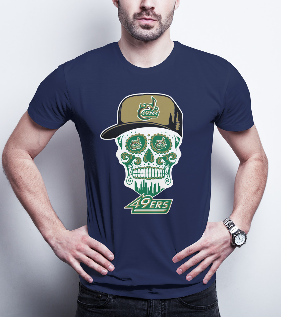 Charlotte 49ers Sugar Skull Green And Gold Logo With Hat T-Shirt