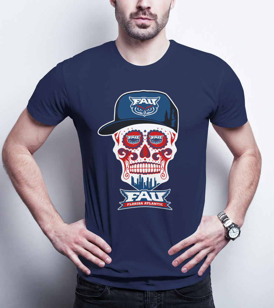 Fau Florida Atlantic Owls Sugar Skull With Cap T-Shirt