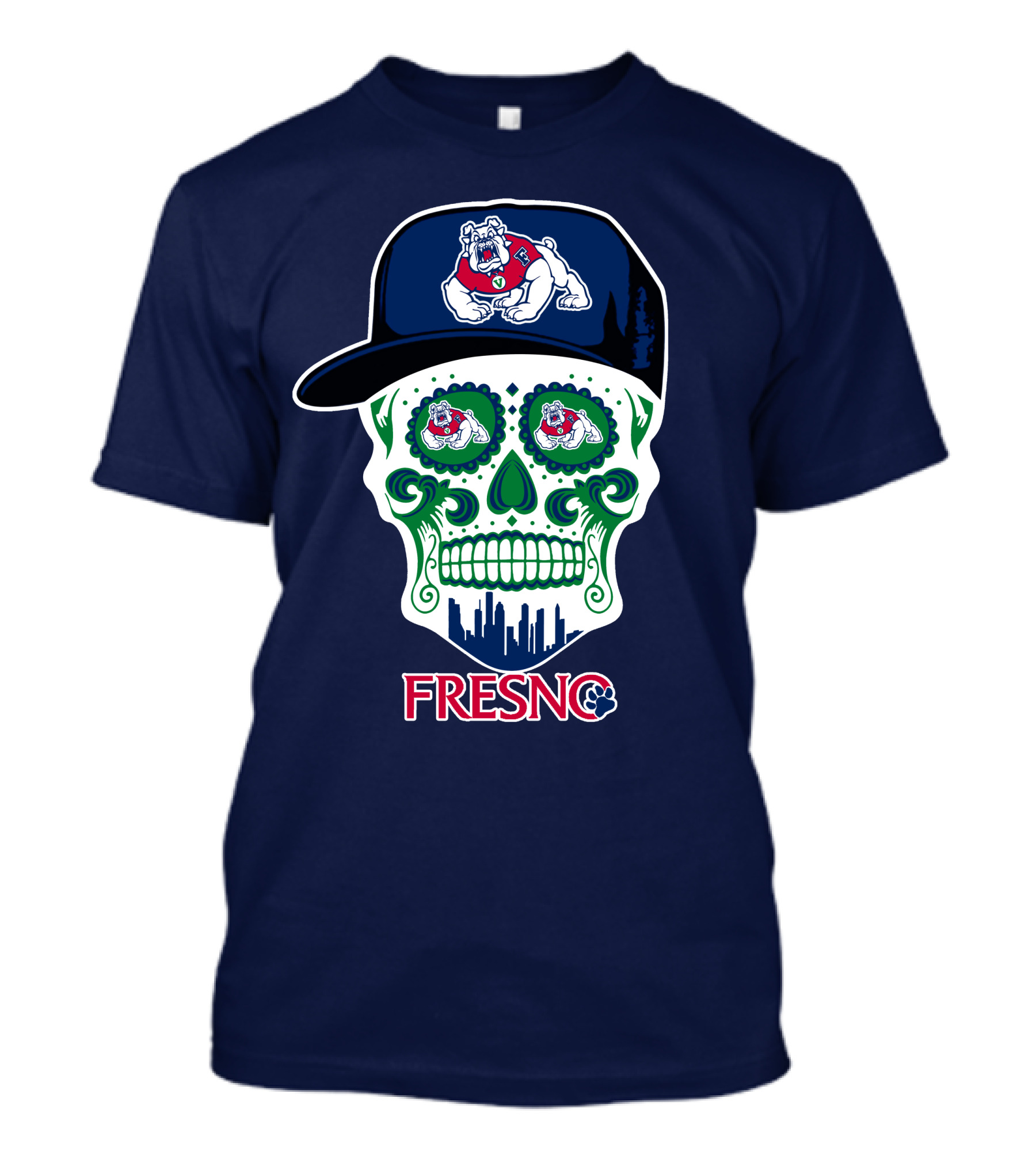 Fresno State Bulldogs Skull Artwork With Bulldog Hat And City Skyline T-Shirt