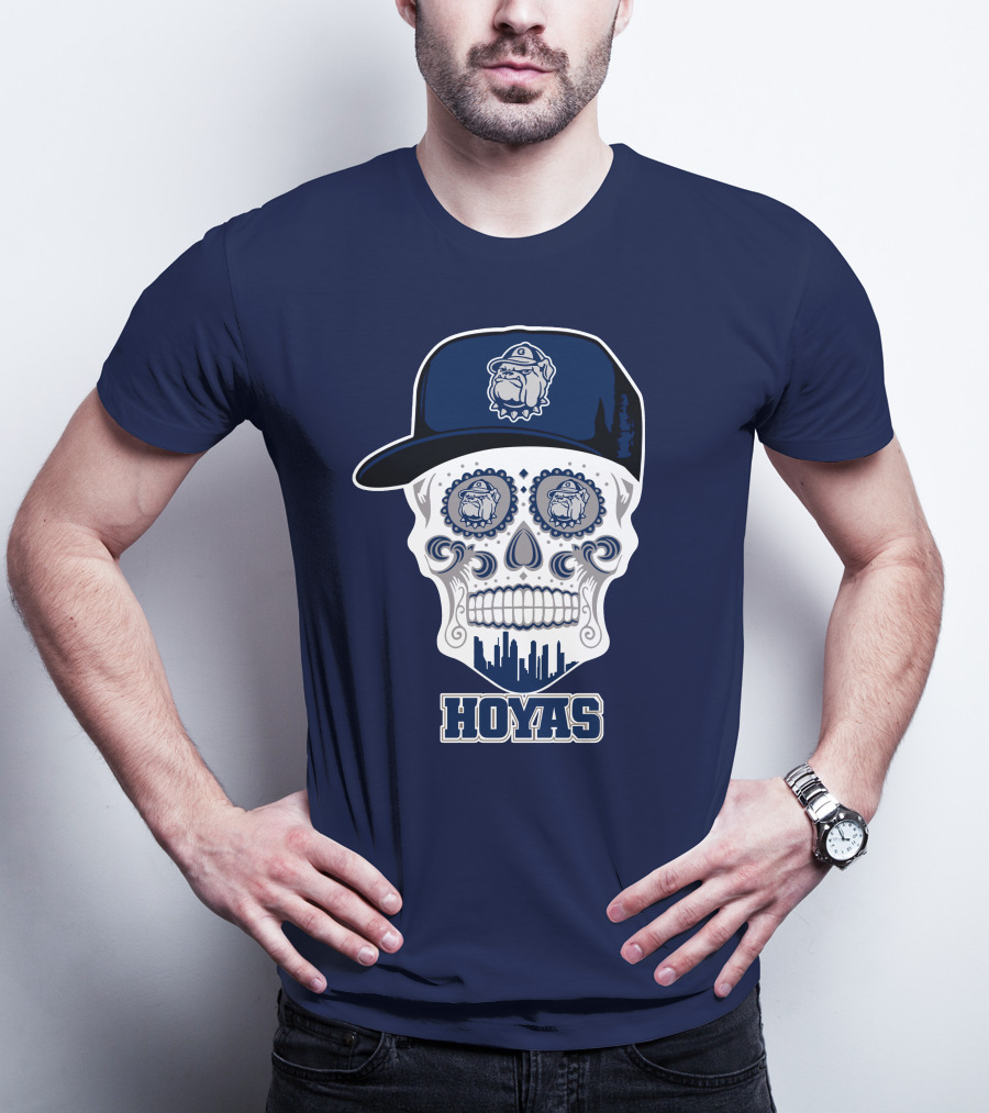 Georgetown Hoyas Skull With Bulldog Hat And Skyline T-Shirt