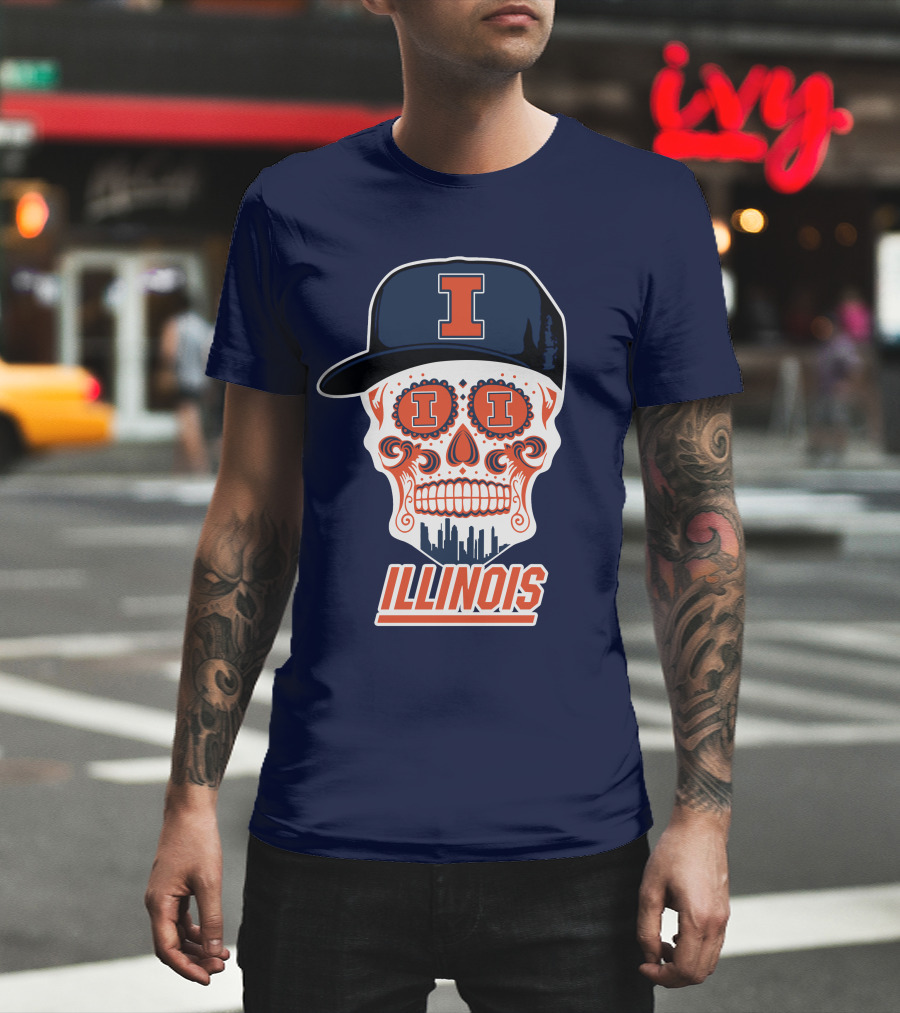 Illinois Fighting Illini Skull With Cap And Skyline T-Shirt