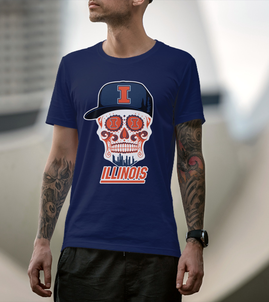 Illinois Fighting Illini Skull With Cap And Skyline T-Shirt