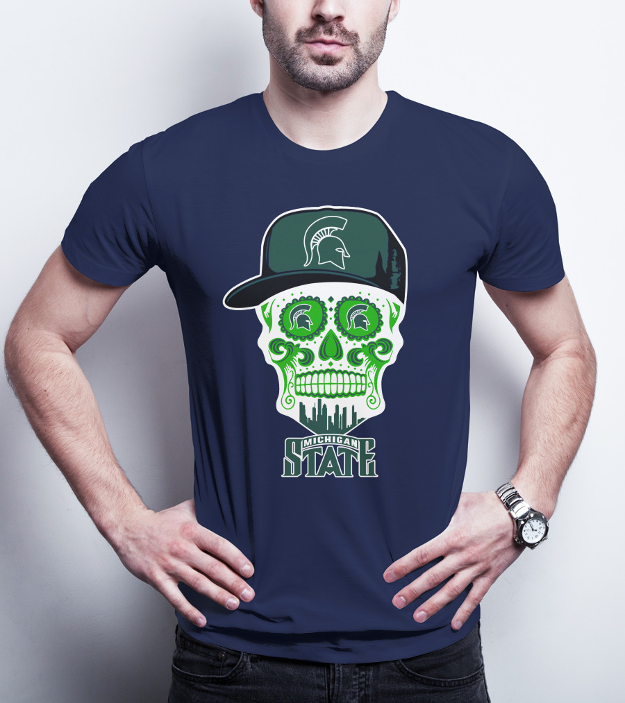 Michigan State Spartans Sugar Skull With Spartan Helmet Icon And City Skyline T-Shirt