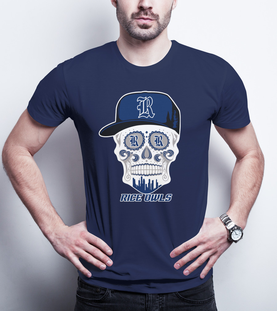 Rice Owls Skull With Cap And City Skyline T-Shirt