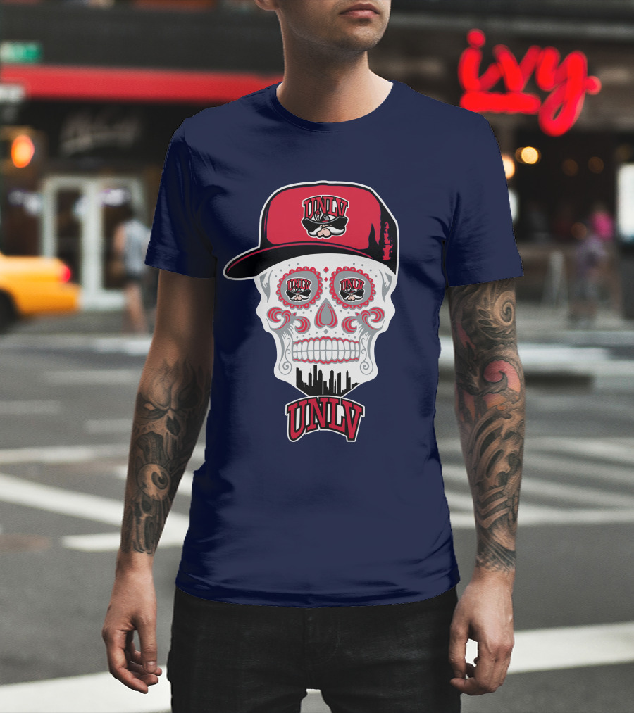 Unlv Rebels Skull With Cap Design Featuring Mascot Logo And Skyline T-Shirt