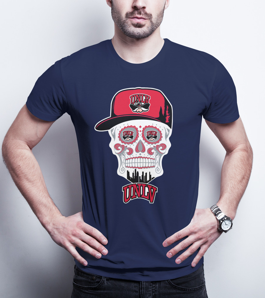 Unlv Rebels Skull With Cap Design Featuring Mascot Logo And Skyline T-Shirt