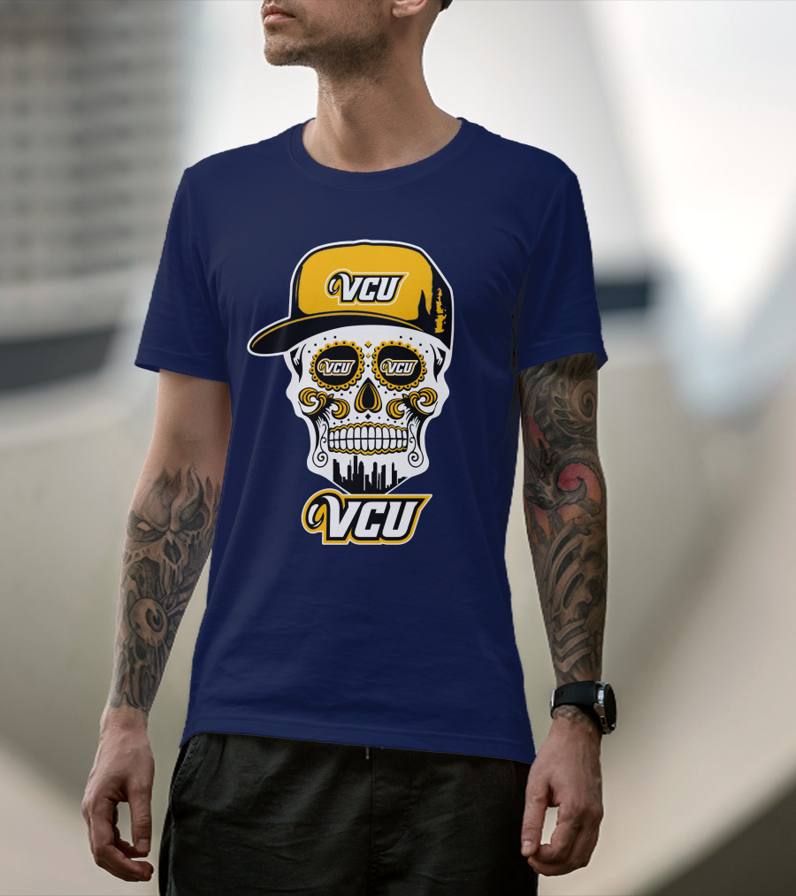 Vcu Rams Dia De Los Muertos Skull With Iconic Cap And Skyline T-Shirt