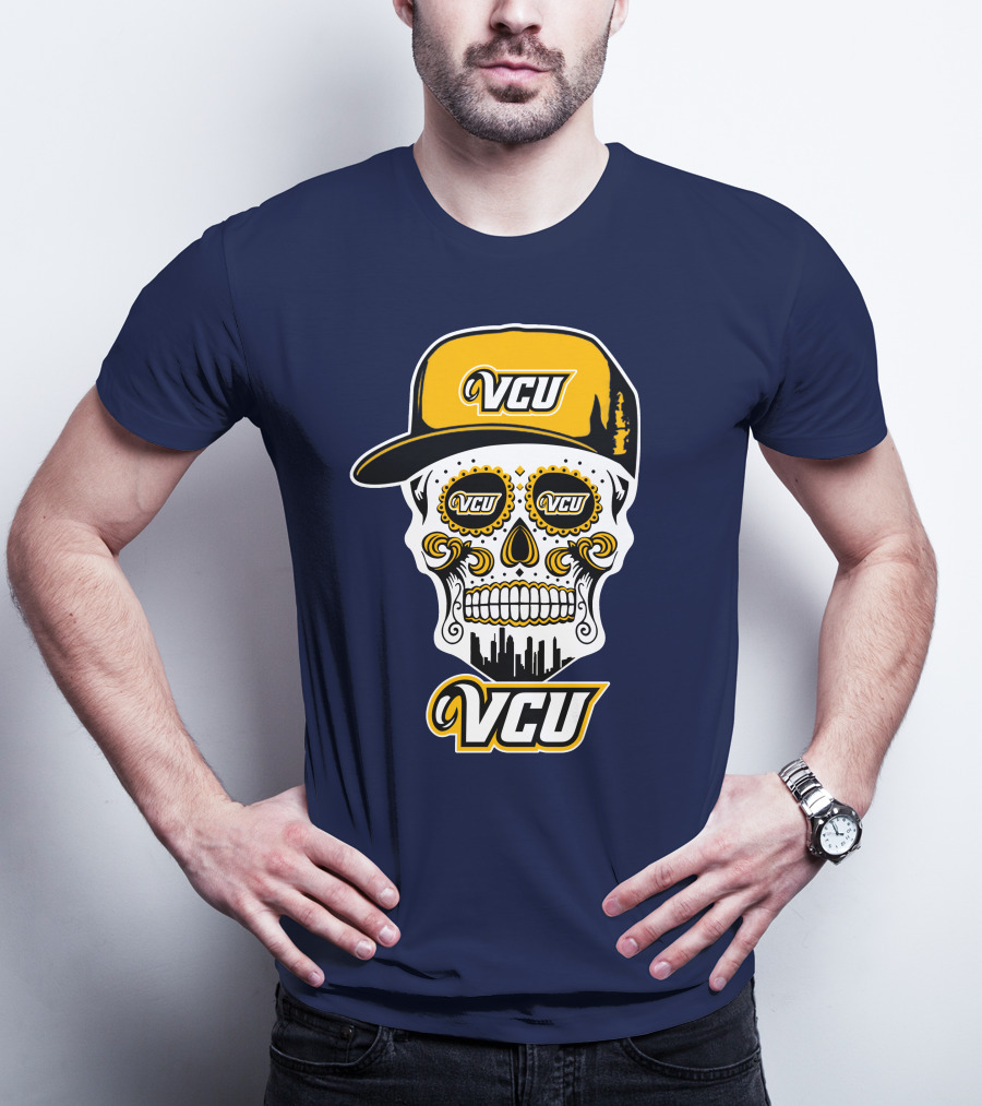 Vcu Rams Dia De Los Muertos Skull With Iconic Cap And Skyline T-Shirt