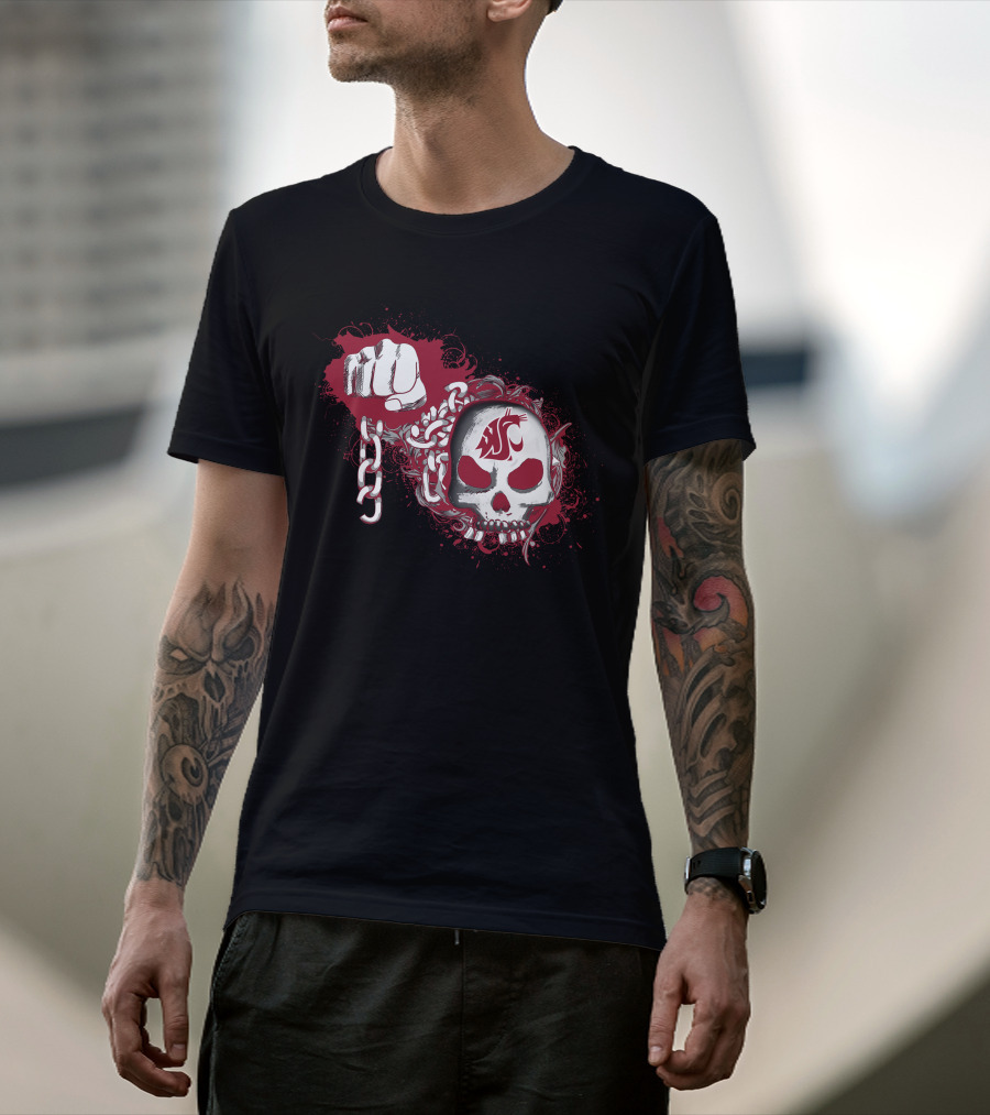 Skull And Fist Chains With Washington State Cougars T-Shirt