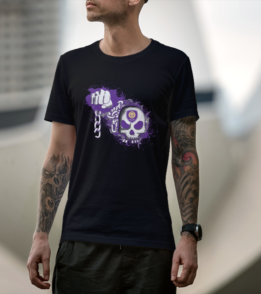 Orlando City Sc Skull Emblem With Purple Fist And Chains T-Shirt