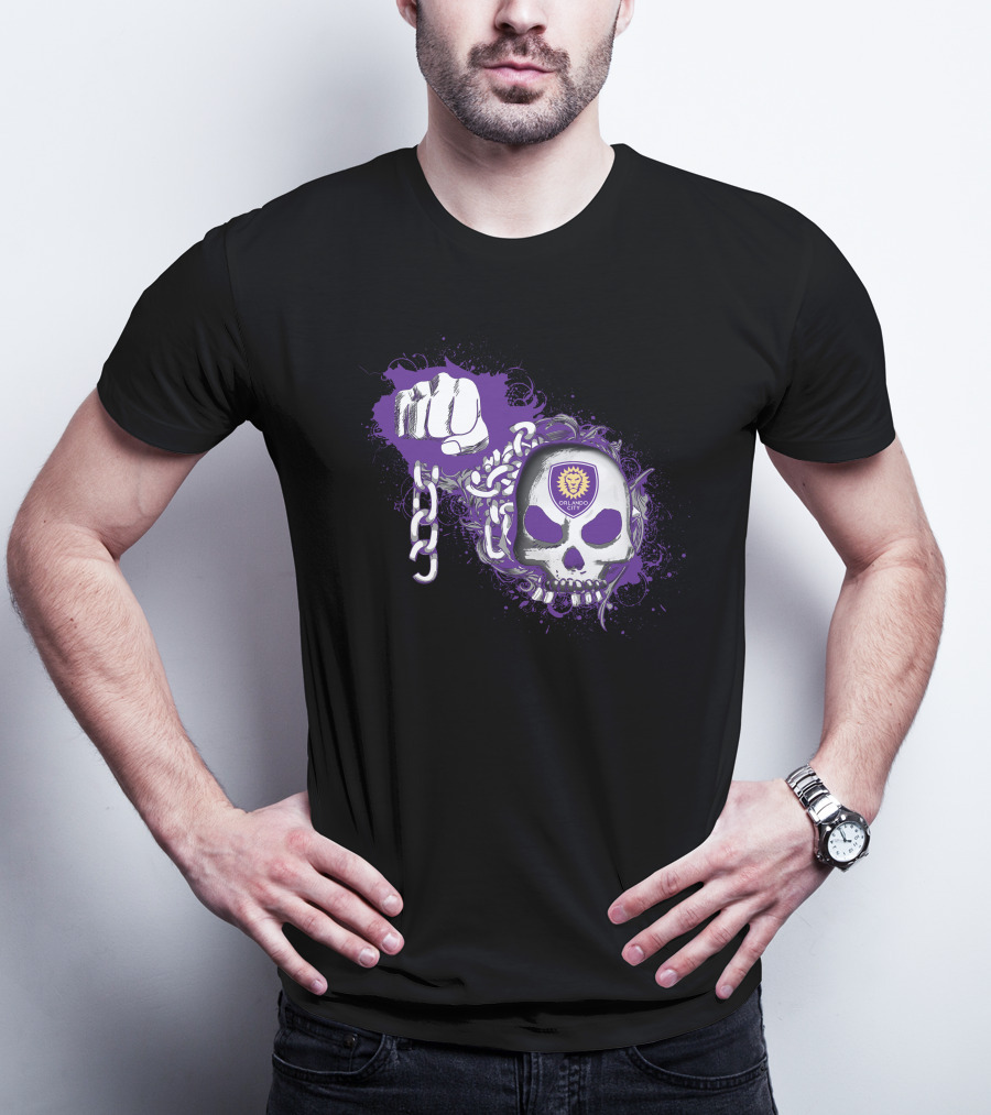 Orlando City Sc Skull Emblem With Purple Fist And Chains T-Shirt