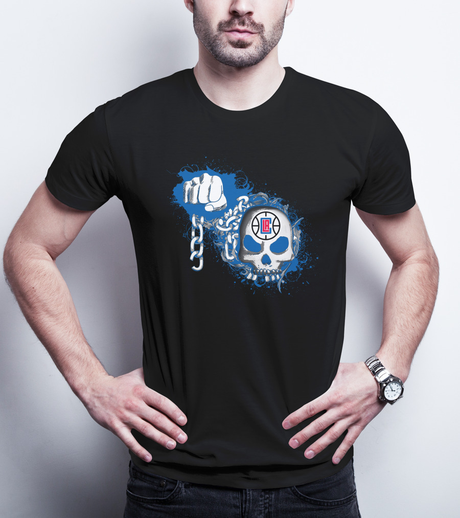 La Clippers Skull With Fist And Chains On Blue Splash T-Shirt