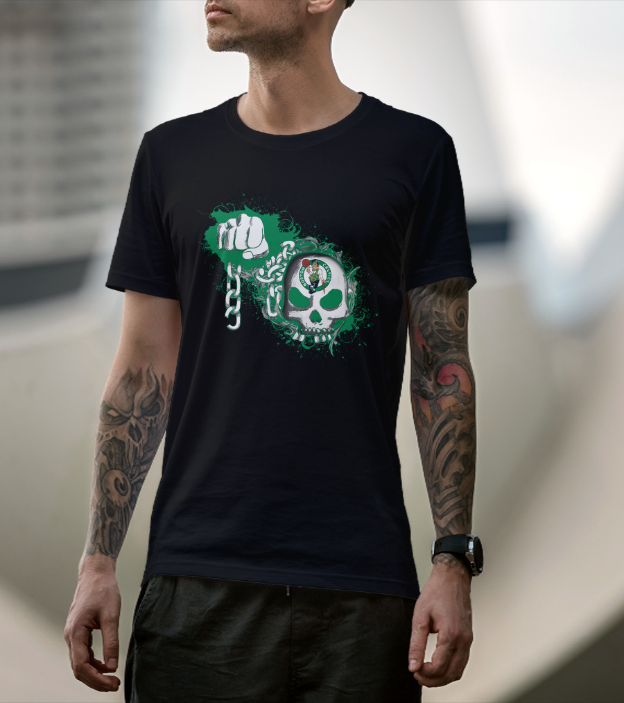Boston Celtics Skull With Fist And Chain Motif T-Shirt