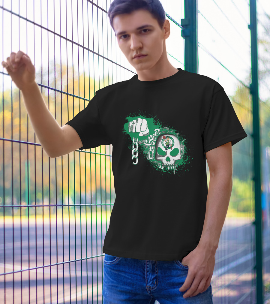 Boston Celtics Skull With Fist And Chain Motif T-Shirt