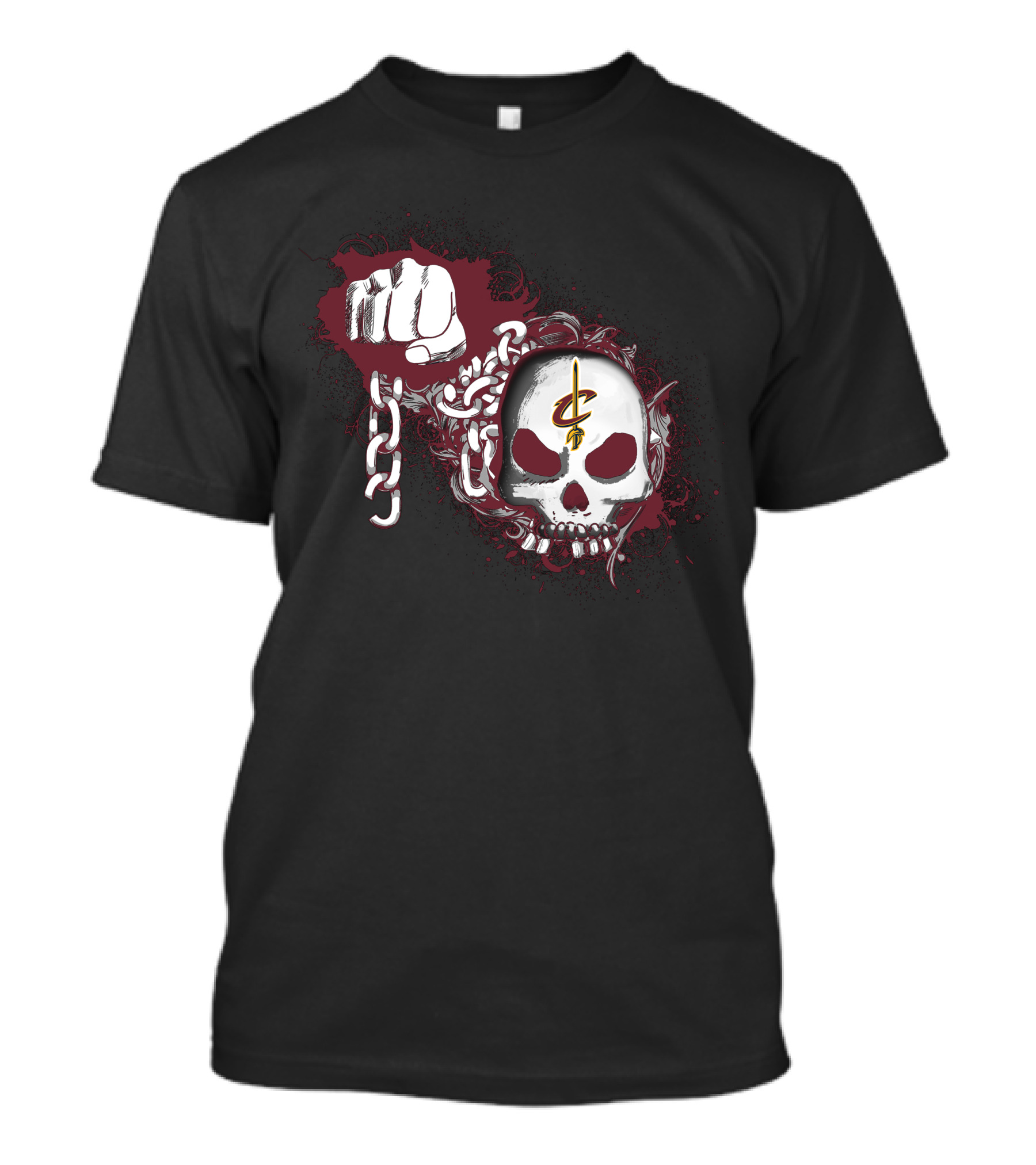 Cleveland Cavaliers Skull With Chains And Fist On Dark T-Shirt