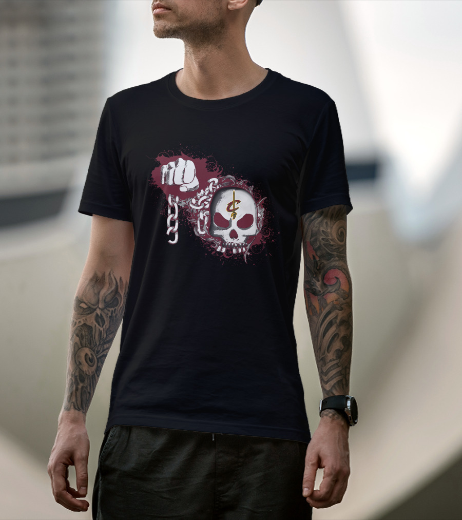 Cleveland Cavaliers Skull With Chains And Fist On Dark T-Shirt