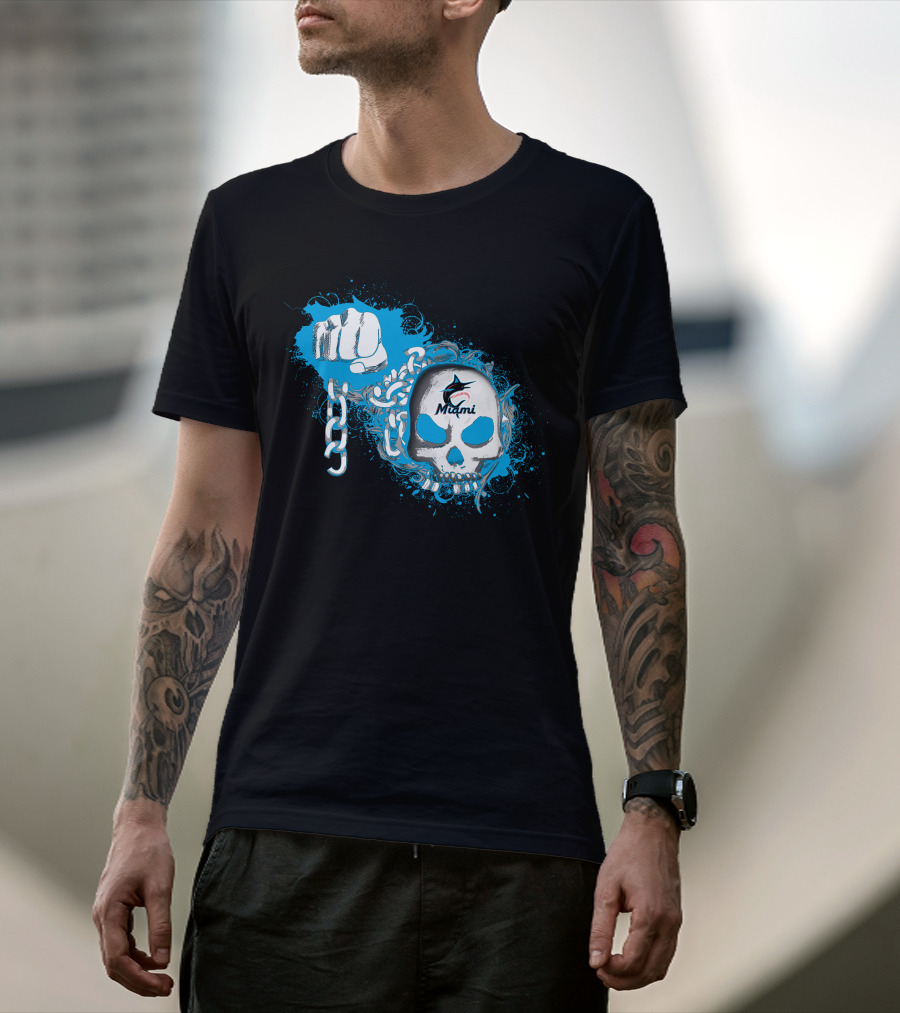 Miami Marlins Skull And Fist With Chain T-Shirt