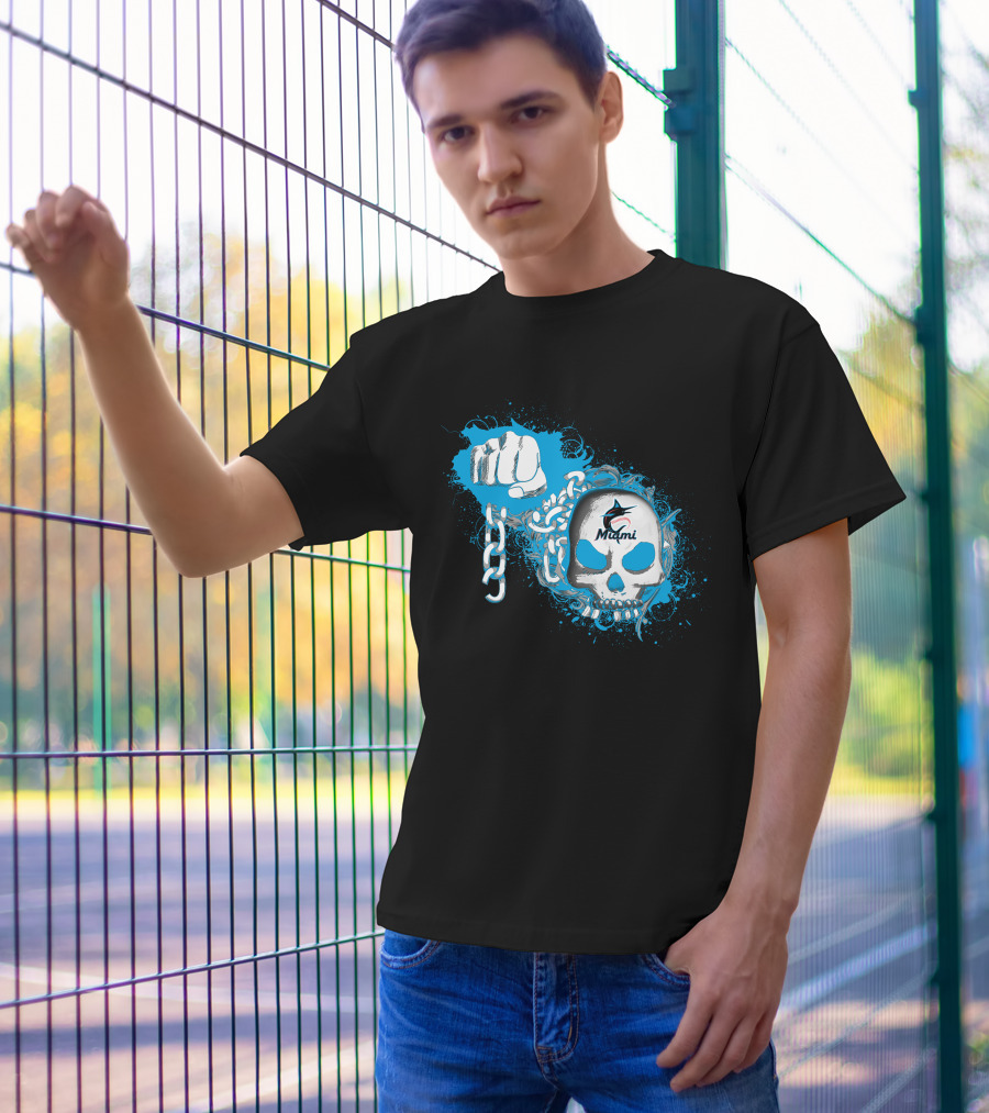 Miami Marlins Skull And Fist With Chain T-Shirt