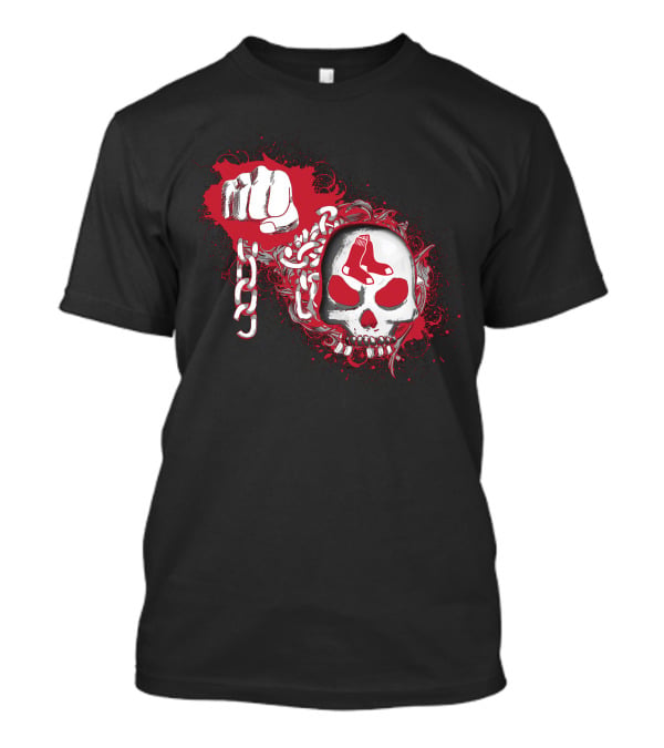 Boston Red Sox Skull With Chains And Fist On Black T-Shirt